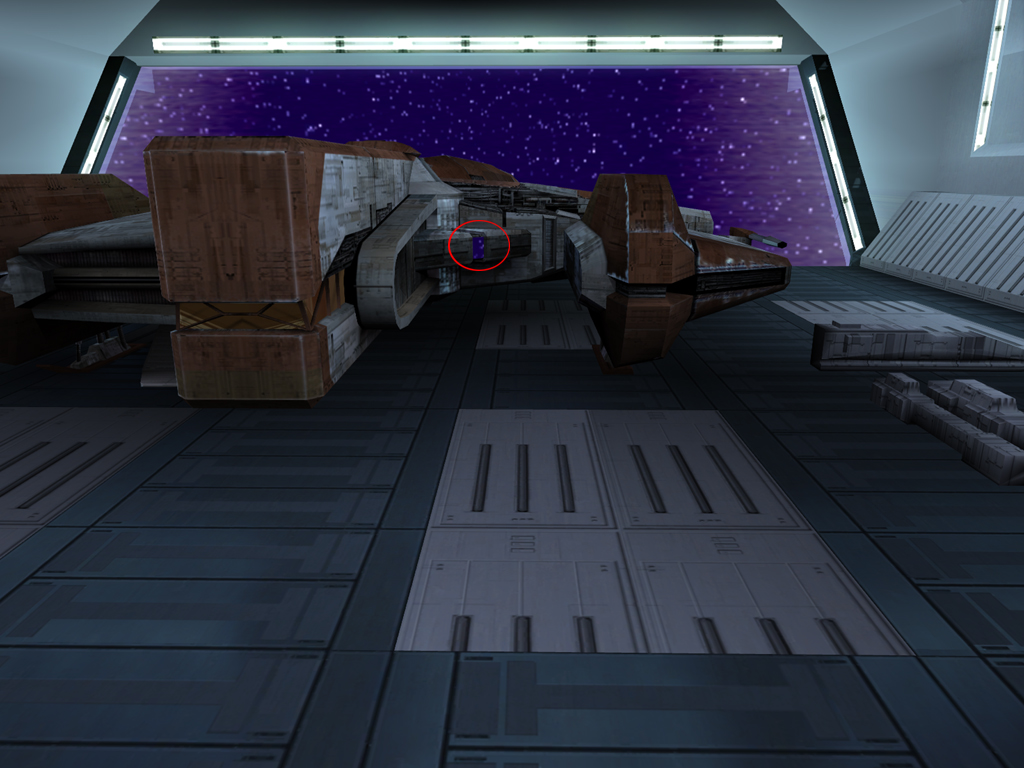 The Ebon Hawk model in the Leviathan hangar has no landing gear or ...