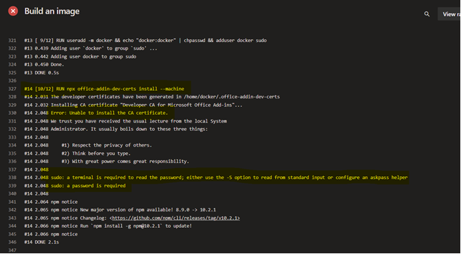Outlook Web Addin certificate issue while building artifacts in docker ...