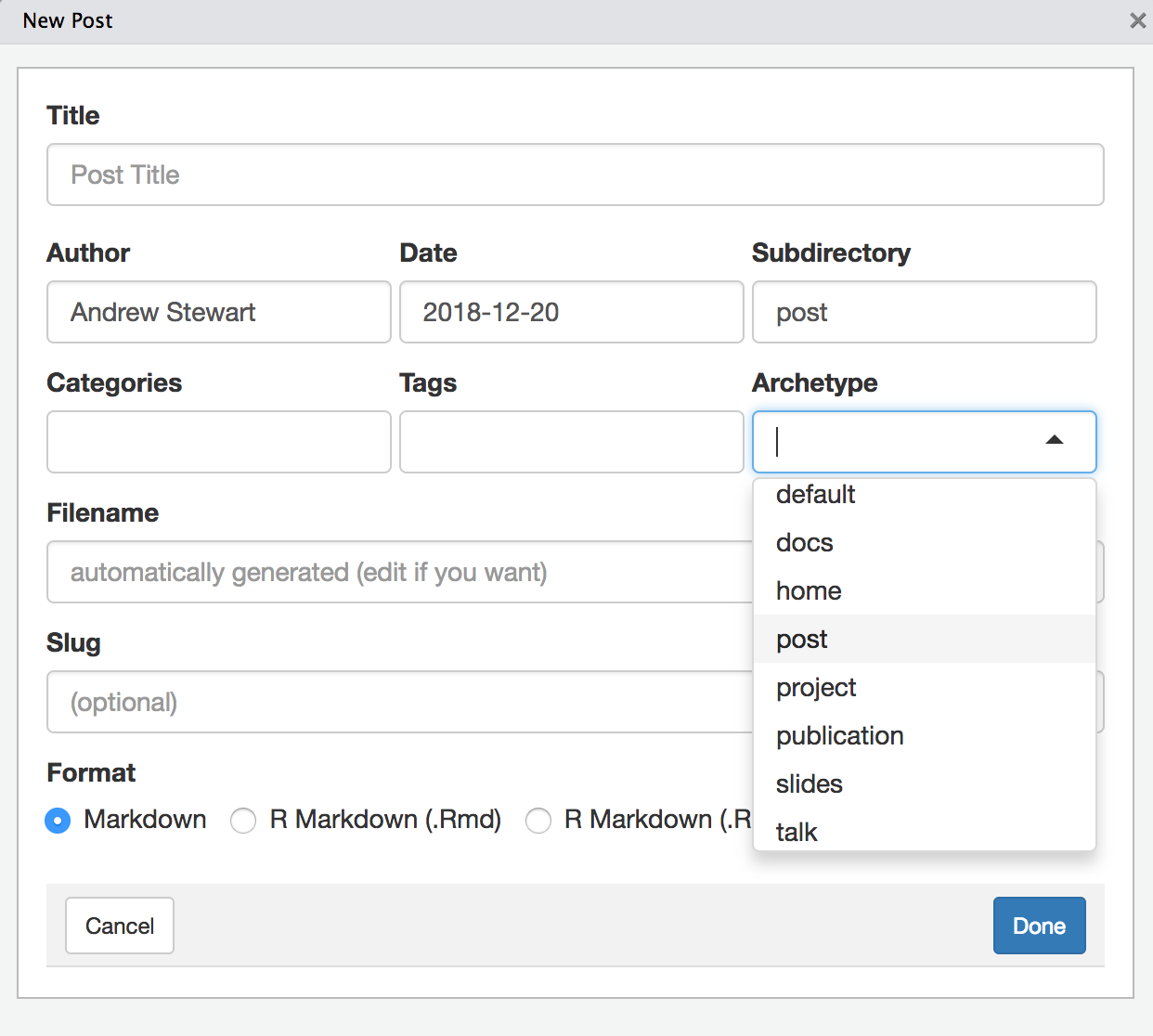 Not seeing hugo-academic archtypes in new_post_addin dropdown? · Issue #350 · rstudio/blogdown ...