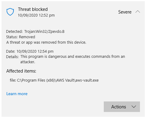 Windows Security on Work Laptop identifying AWS Vault as Trojan:Win32/Zpevdo.B · Issue #661 ...