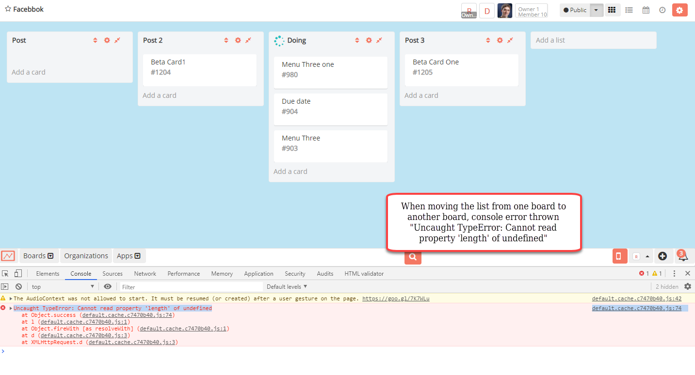 When moving the list from one board to another board, console error thrown "Uncaught TypeError ...