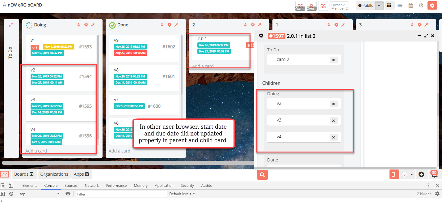 Child and parent card updation is not updated in other user browser ...
