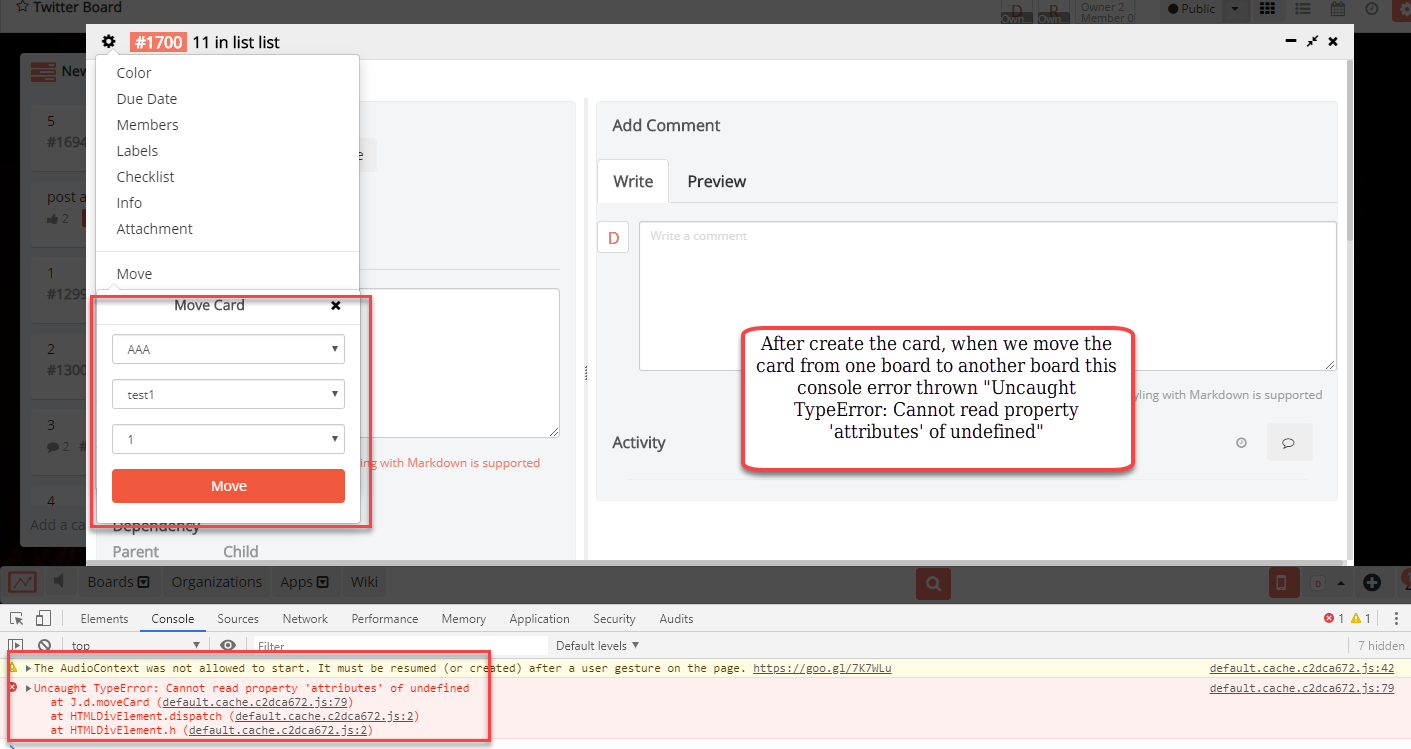 After create the card, when we move the card from one board to another board this console error ...