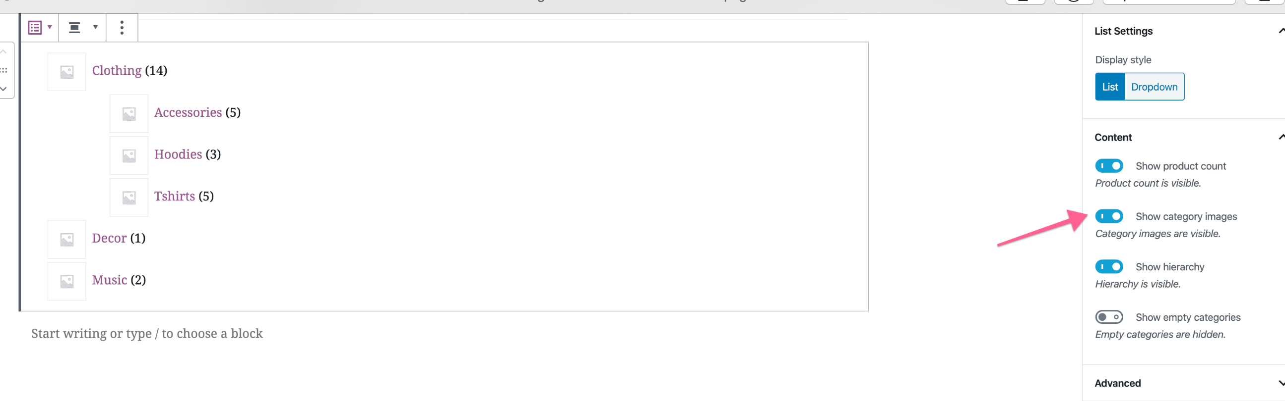Add a control for the Product Categories block that allows showing the ...