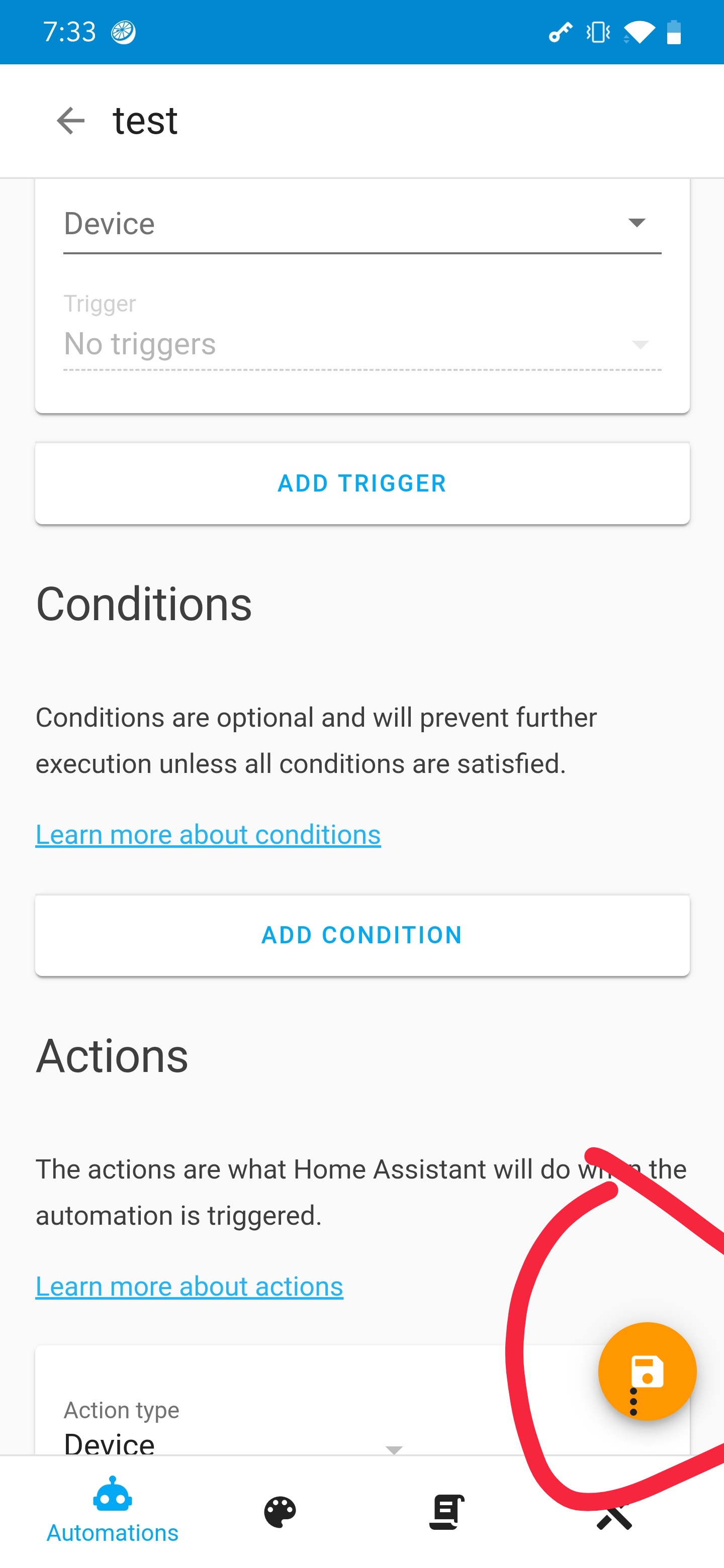 Automation Save button's z index is lower than the 3-dot menu icons on the Create Automation ...