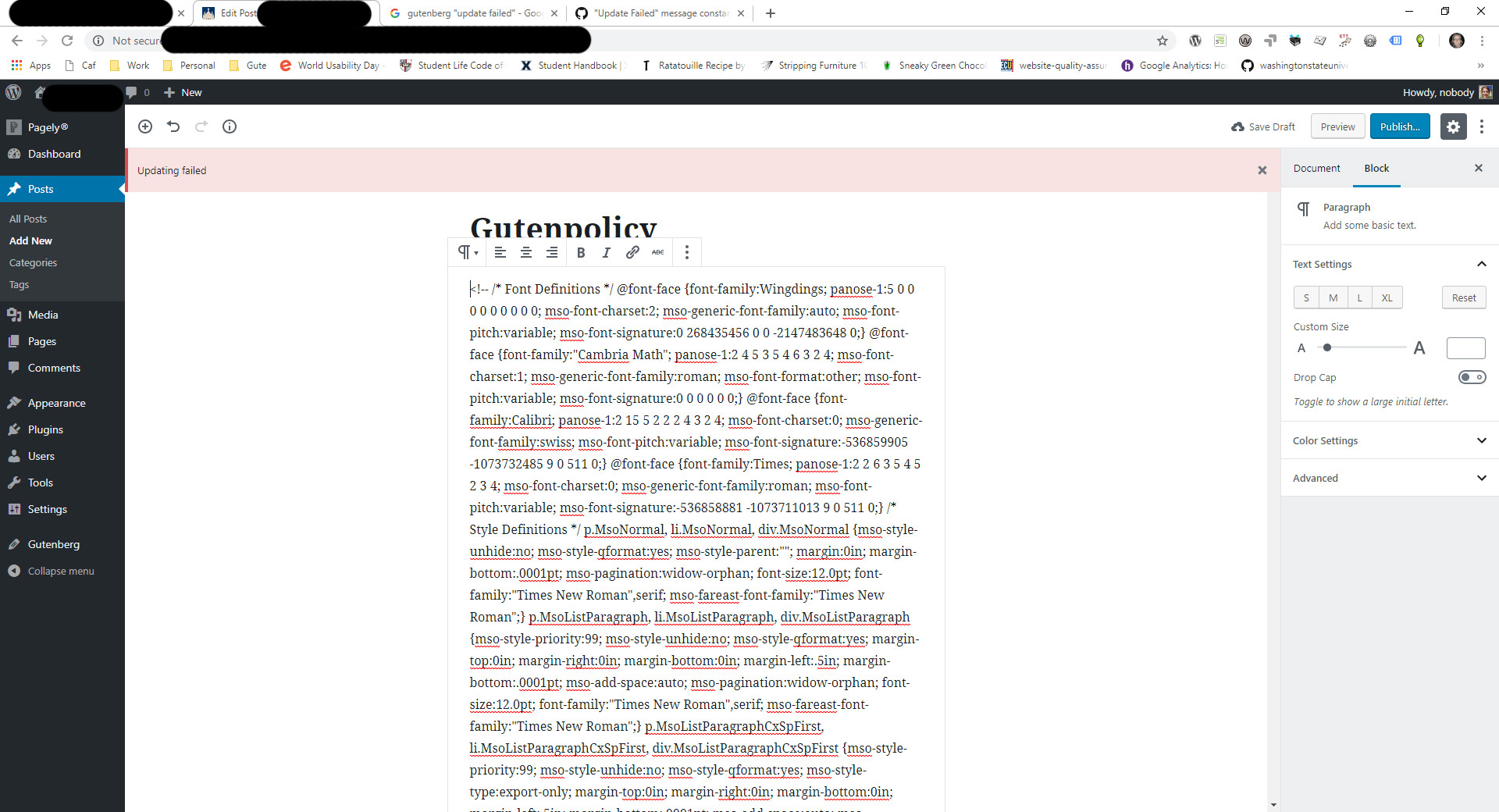 Updating Failed And Comments Appearing When Pasting From Word Solved By Asking Host To Fix