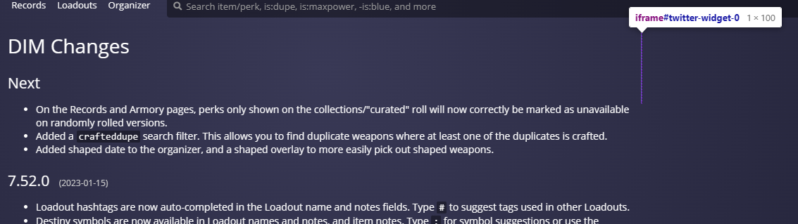 Changelog Twitter Widget dimensions broken · Issue #9020 · DestinyItemManager/DIM · GitHub