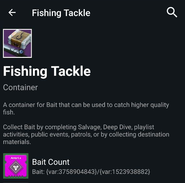 Fishing Tackle's "Bait Collected" objective has visible dummy icon, companion app doesn't export ...