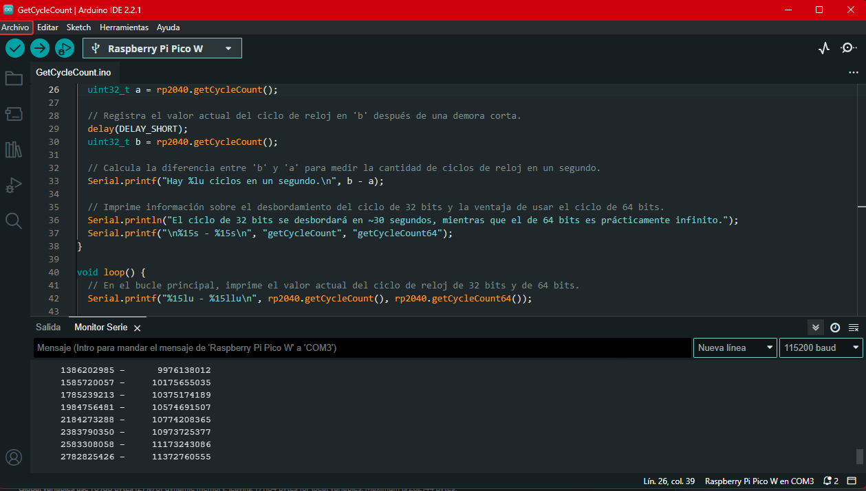 El objetivo de este código es medir y mostrar los ciclos de reloj de alta precisión en un ...