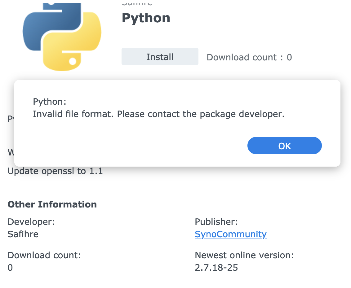 CouchPotato cannot be installed because Python package (community - Safihre) fails to install ...