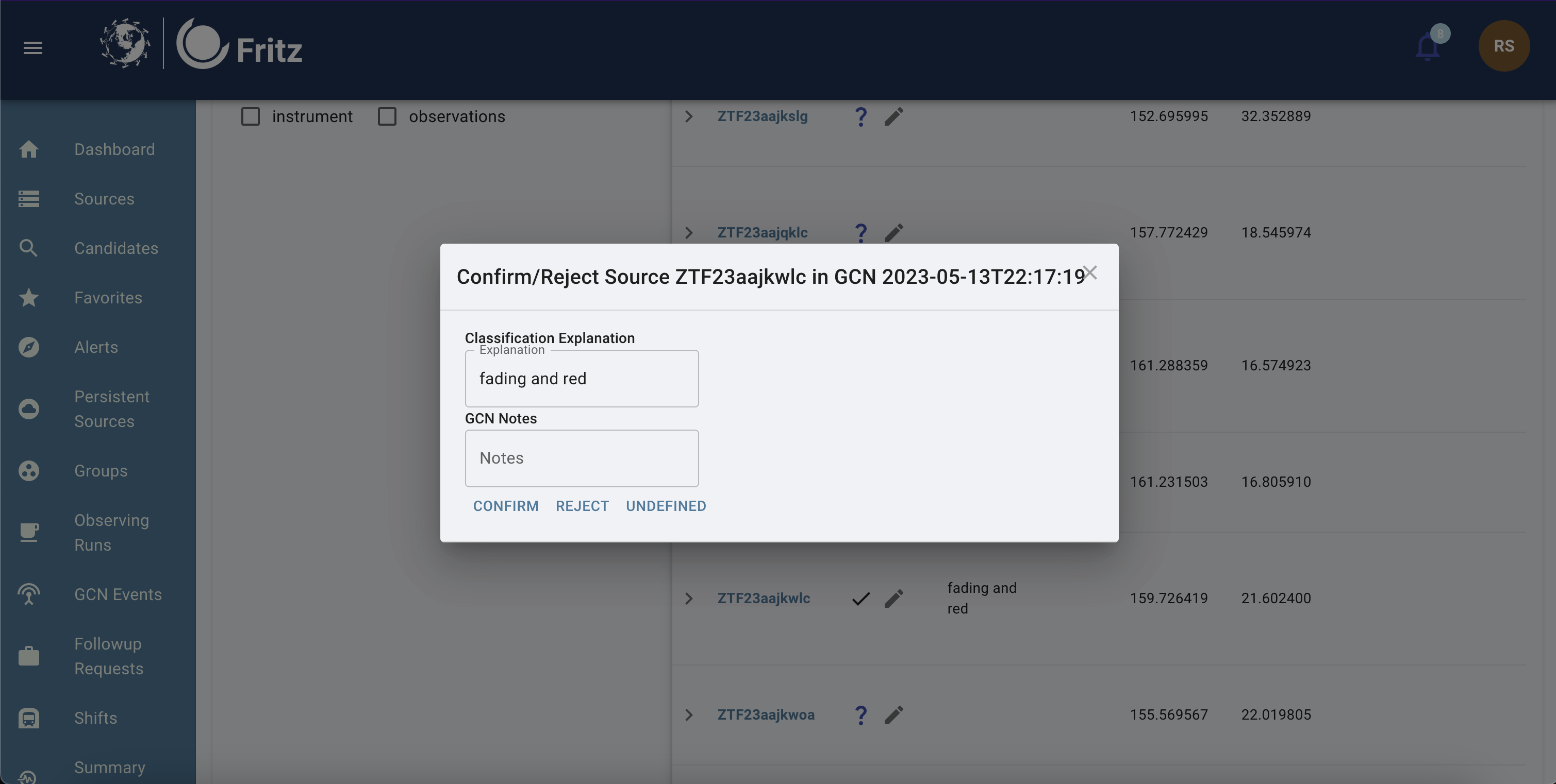 Rename "confirm" button for GCN events · Issue #4228 · skyportal/skyportal · GitHub