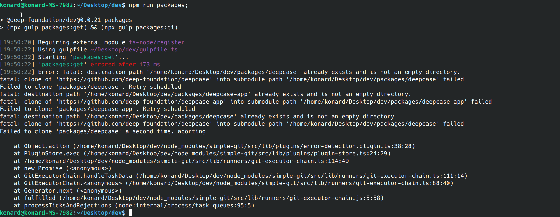 fatal: destination path '/home/konard/Desktop/dev/packages/deepcase' already exists and is not ...