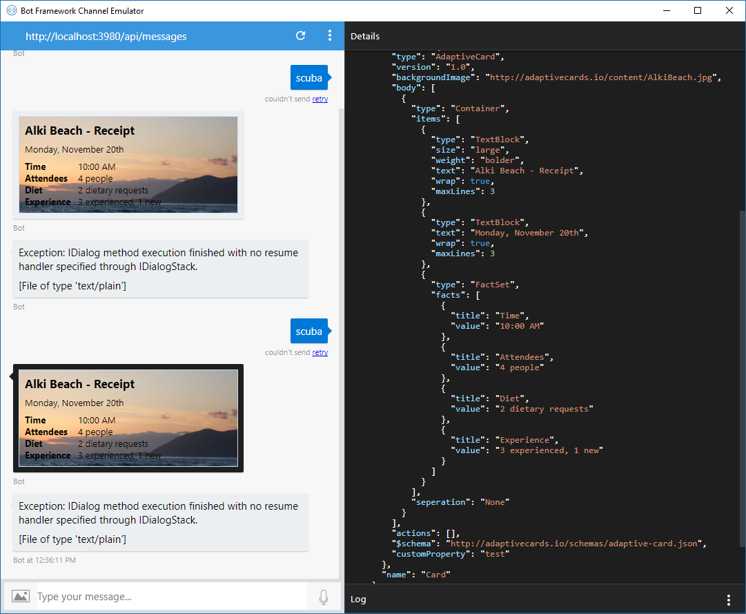 [Beta10] Context.PostAsync not rendering AdditionalProperties of AdaptiveCard · Issue #995 ...