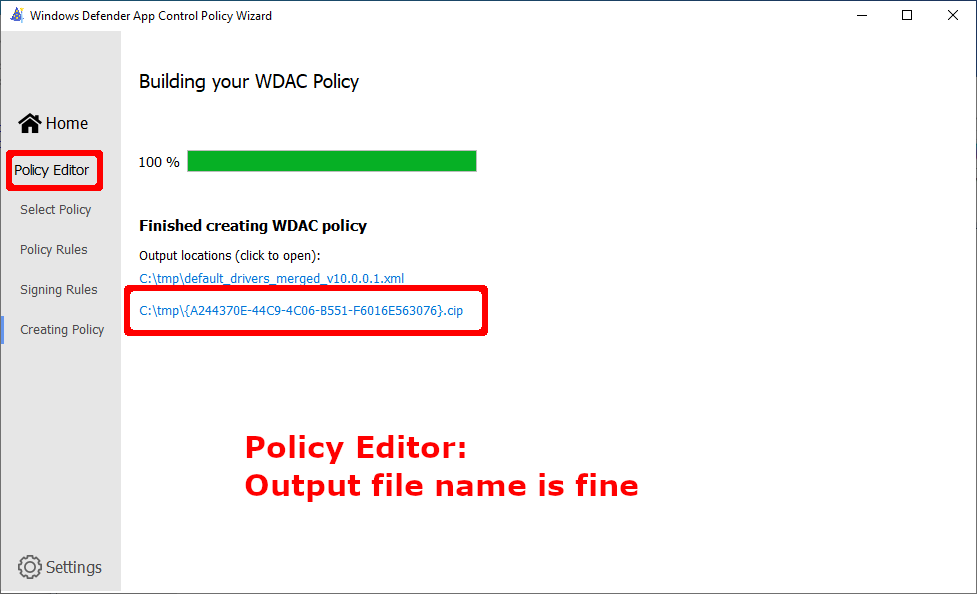 The WDAC Policy Wizard generates unusable binary output filenames by ...