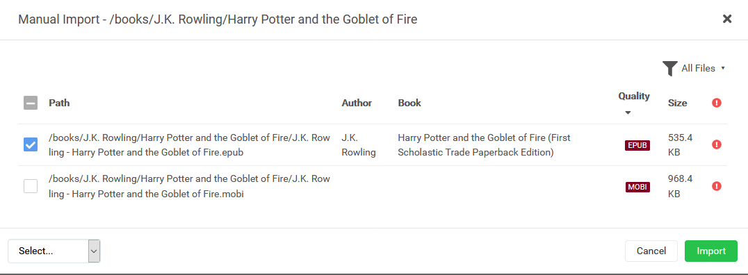 Manual Import from Unmapped Files leads to a green alien image when picking author or book ...