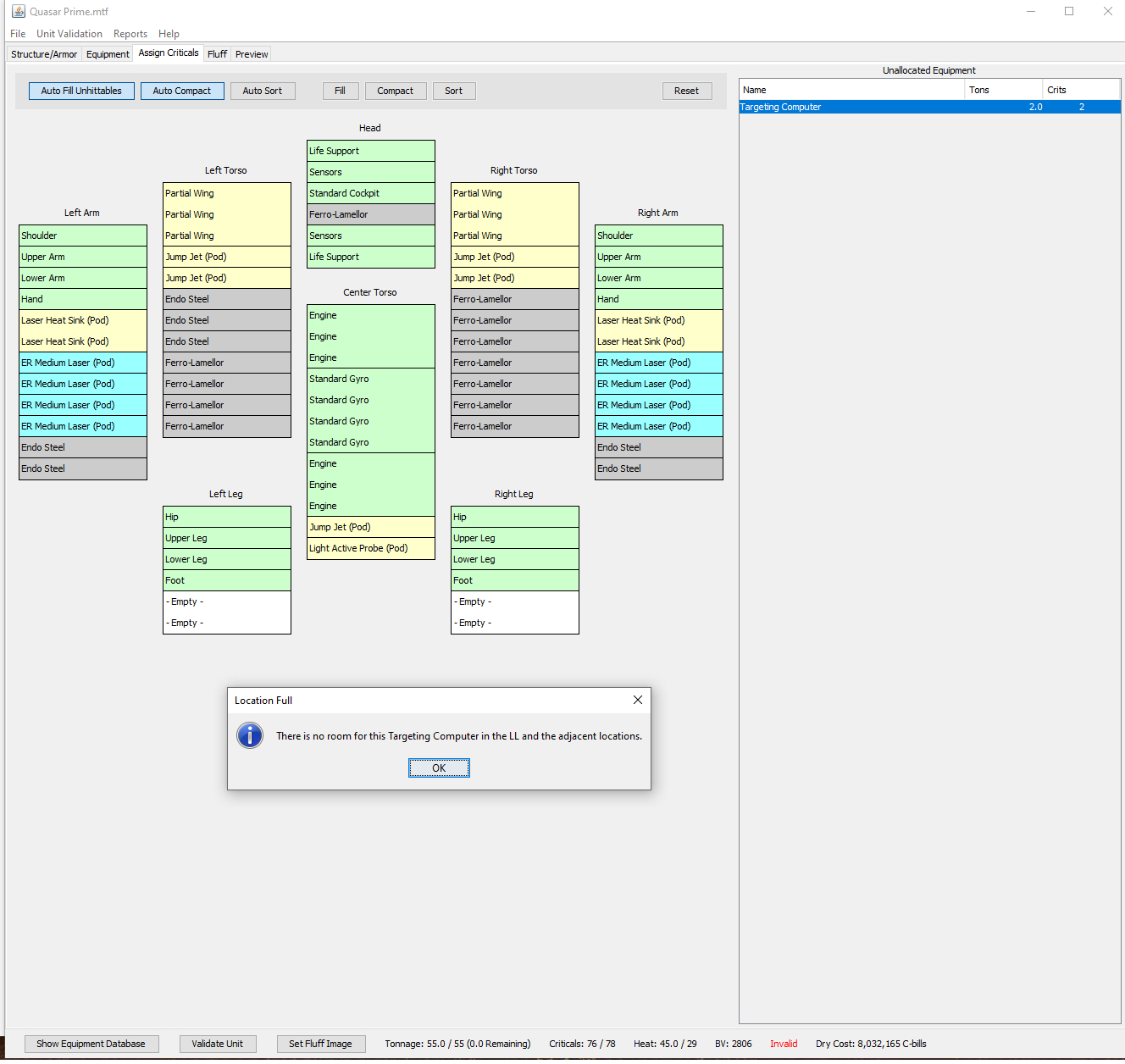 Cannot directly add 2T 2C targeting computer to legs with free crits ...
