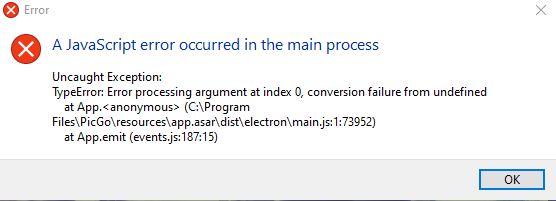 windows 10 打开报错: TypeError: Error processing argument at index 0 ...