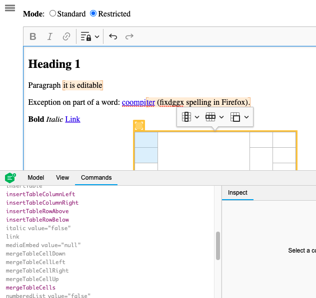 Table-related commands are enabled in the restricted editing mode ...