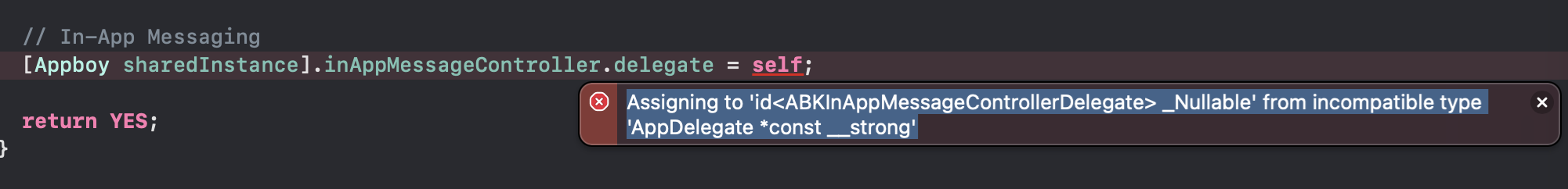 Assigning to 'id _Nullable' from incompatible type 'AppDelegate *const __strong' · Issue #151 ...