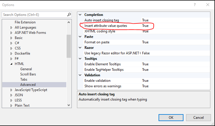 Insert HTML attribute value quotes does not work in Razor Editor Visual ...