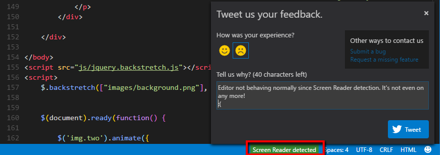'Screen Reader detected' notification permanently on bottom bar · Issue ...
