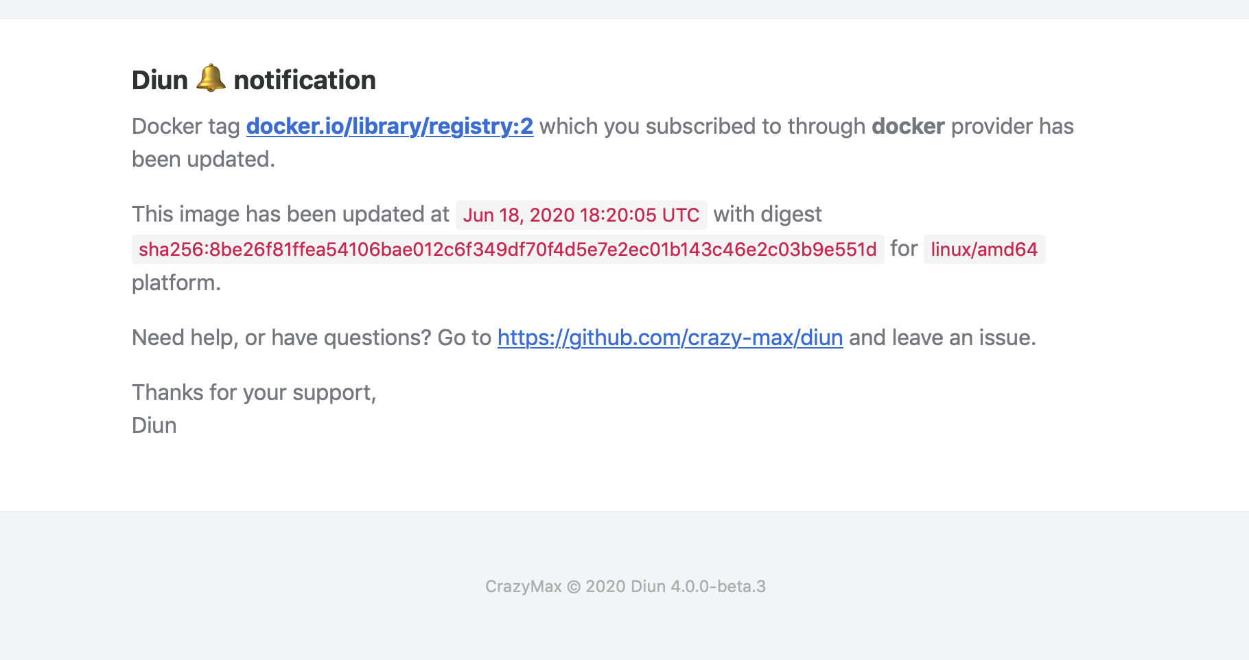 Link to dockerhub or the respective hub in notification mail · Issue #40 · crazy-max/diun · GitHub