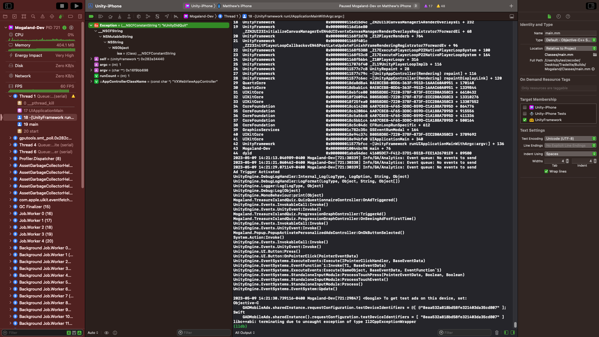 App crashes when requesting ad (IOS) · Issue #2710 · googleads/googleads-mobile-unity · GitHub