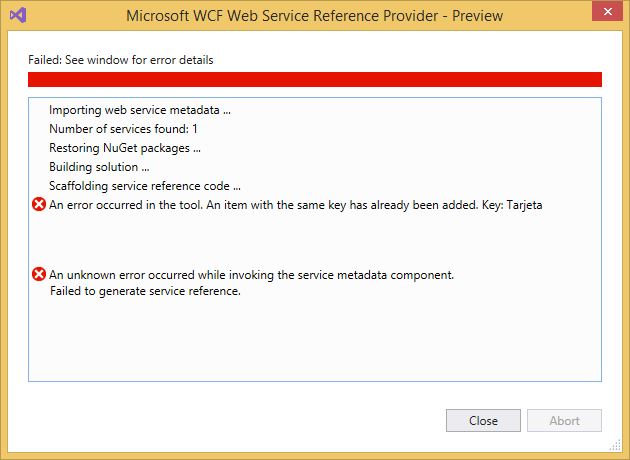 Error: "An error occurred in the tool. An item with the same key has already been added" when ...
