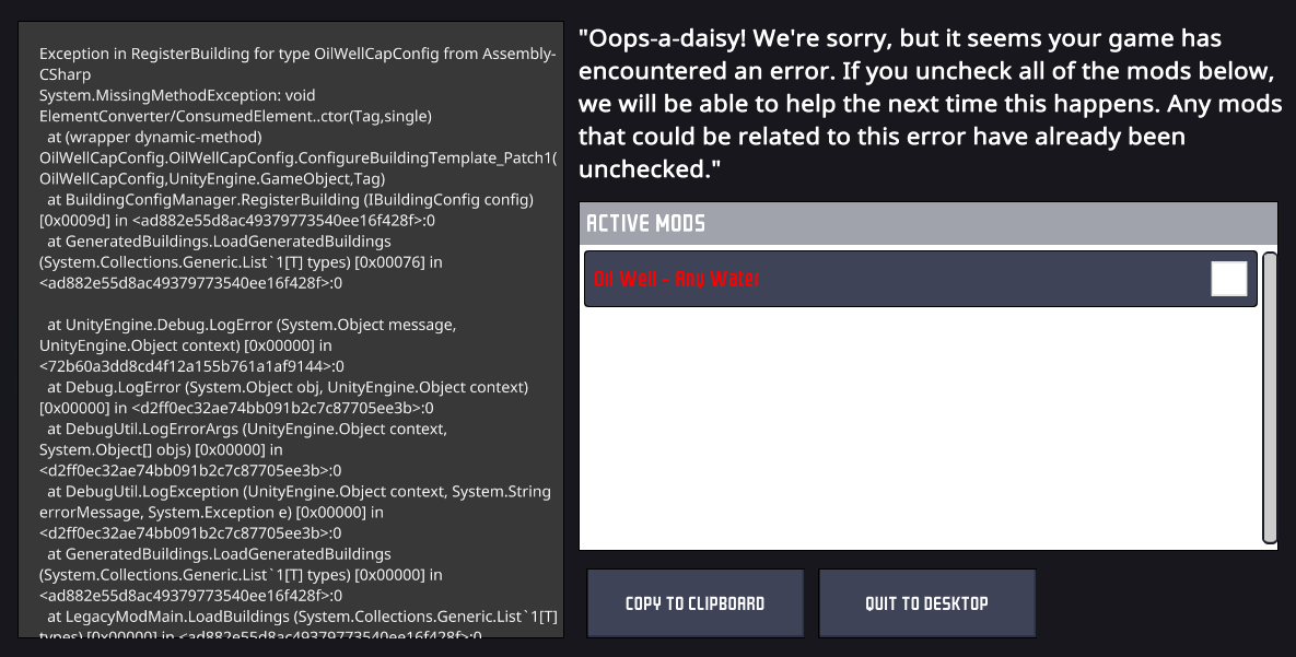 Oil Well - Any Water crashes on game start · Issue #173 · Cairath/ONI-Mods · GitHub