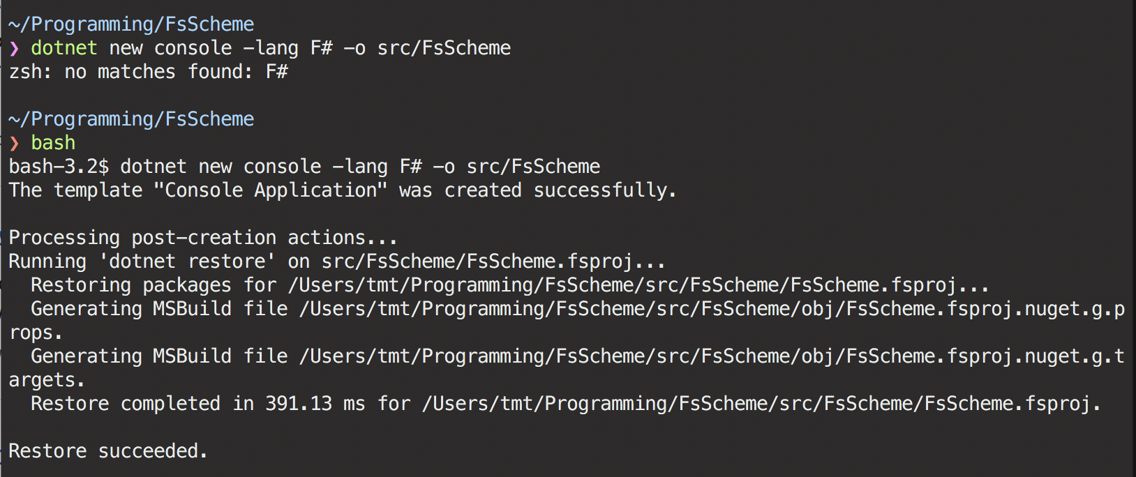 `dotnet New Console Lang` Fails With No Matches Found On Zsh Macos