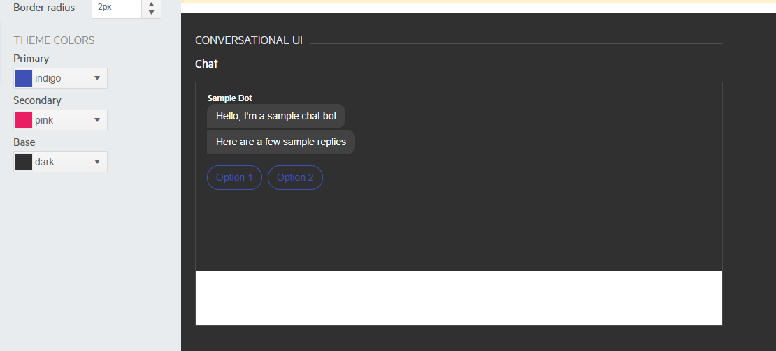 In the Material theme, on the Dark color swatches, the message box of ...
