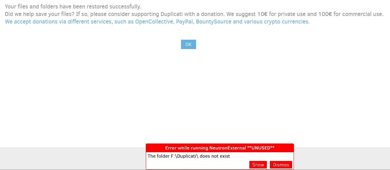 "Restore successful" message shown on failed restore · Issue #4644 · duplicati/duplicati · GitHub