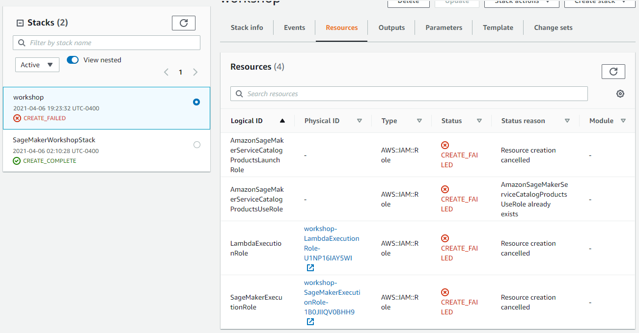 Handle the case where the ServiceCatalog entries already exist when creating with CloudFormation ...