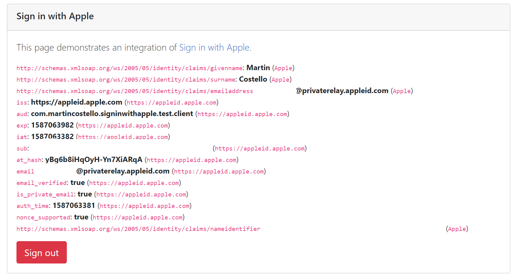 The presence of a "System.Security.Claims.ClaimTypes.Email" claim is not present for the Apple ...
