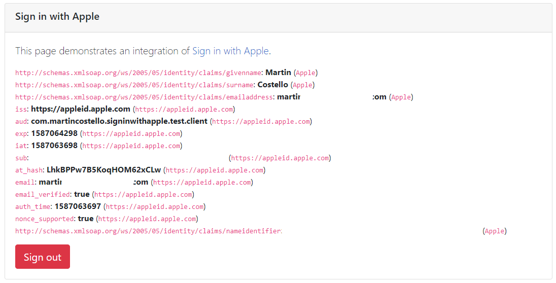The presence of a "System.Security.Claims.ClaimTypes.Email" claim is not present for the Apple ...