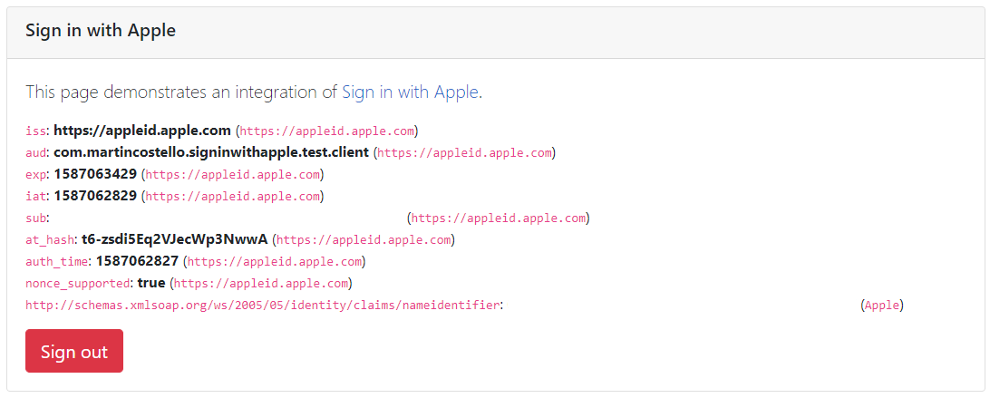 The presence of a "System.Security.Claims.ClaimTypes.Email" claim is not present for the Apple ...