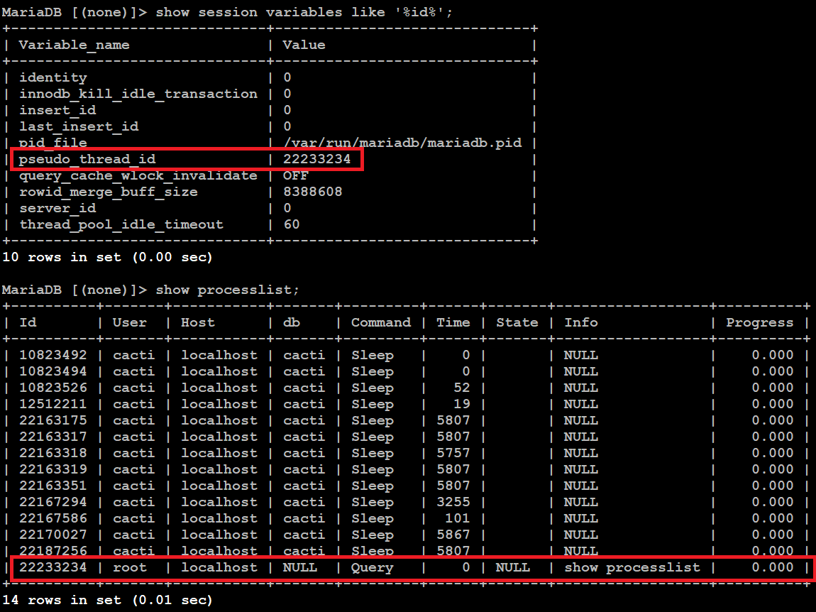 When A Cacti Cli Or Session Is Interrupted By A Signal The Mysqlmariadb Thread Should Be