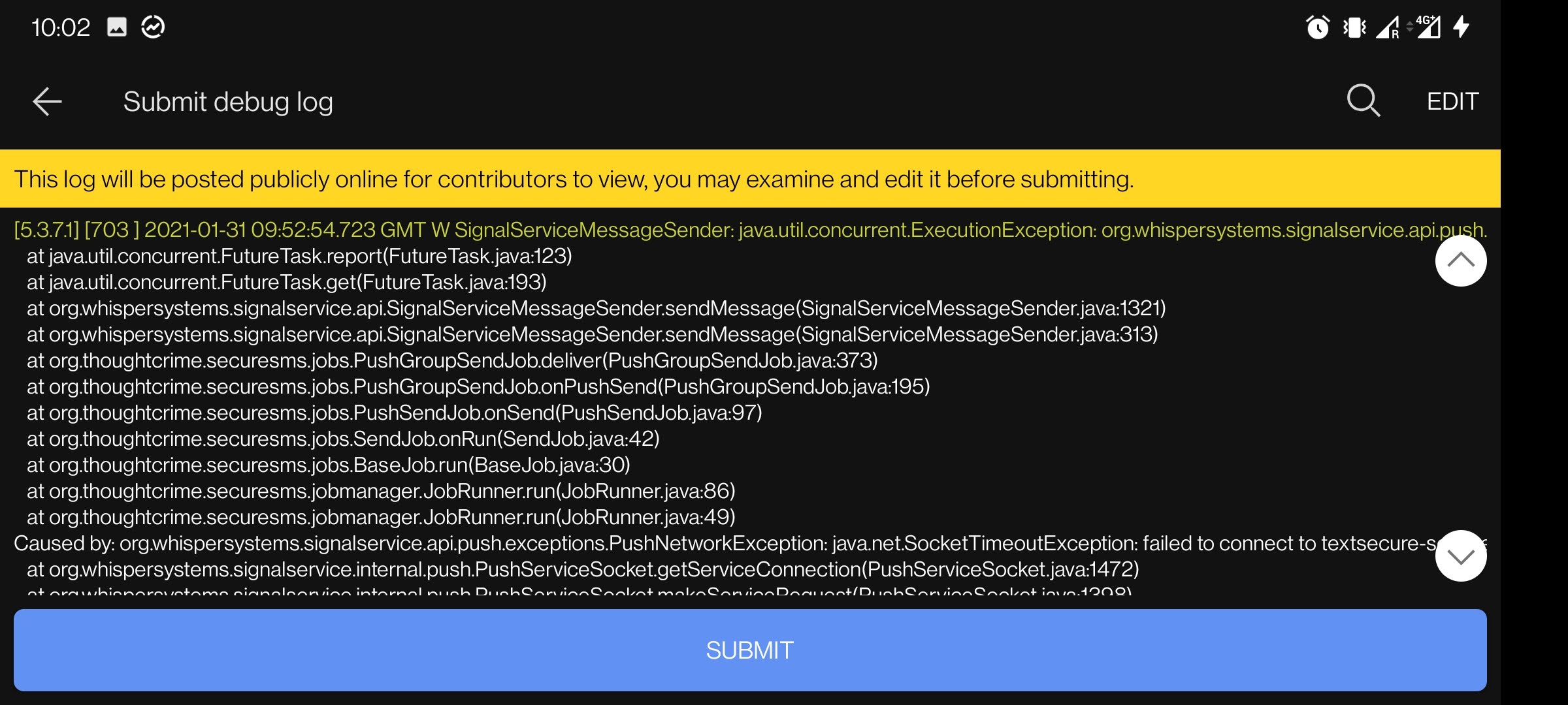 [Android] [5.7.3.1] Cannot Connect to Signal Servers (SignalServiceMessageSender Failure ...