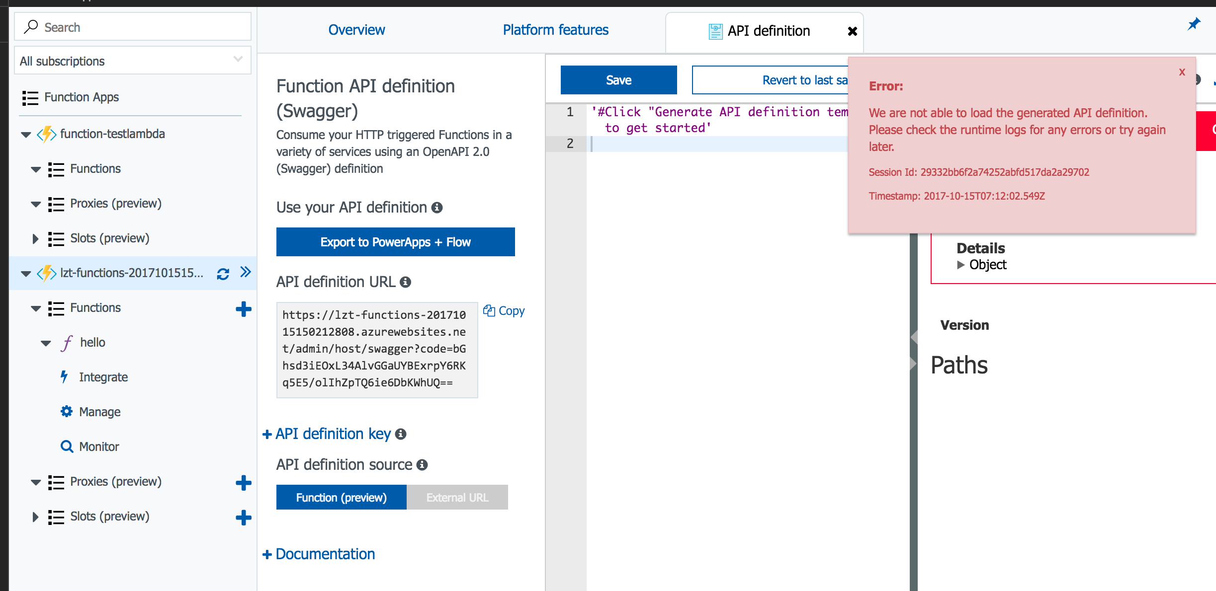 Unable to `Generate API definition template` of azure function · Issue ...