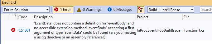 Inproc - EventHub trigger boiler plate code produces compilation error · Issue #1226 · Azure ...