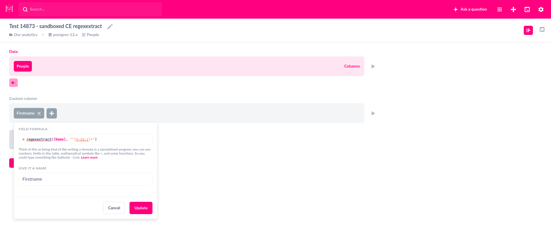 regexextract breaks query on sandboxed table · Issue #14873 · metabase/metabase · GitHub