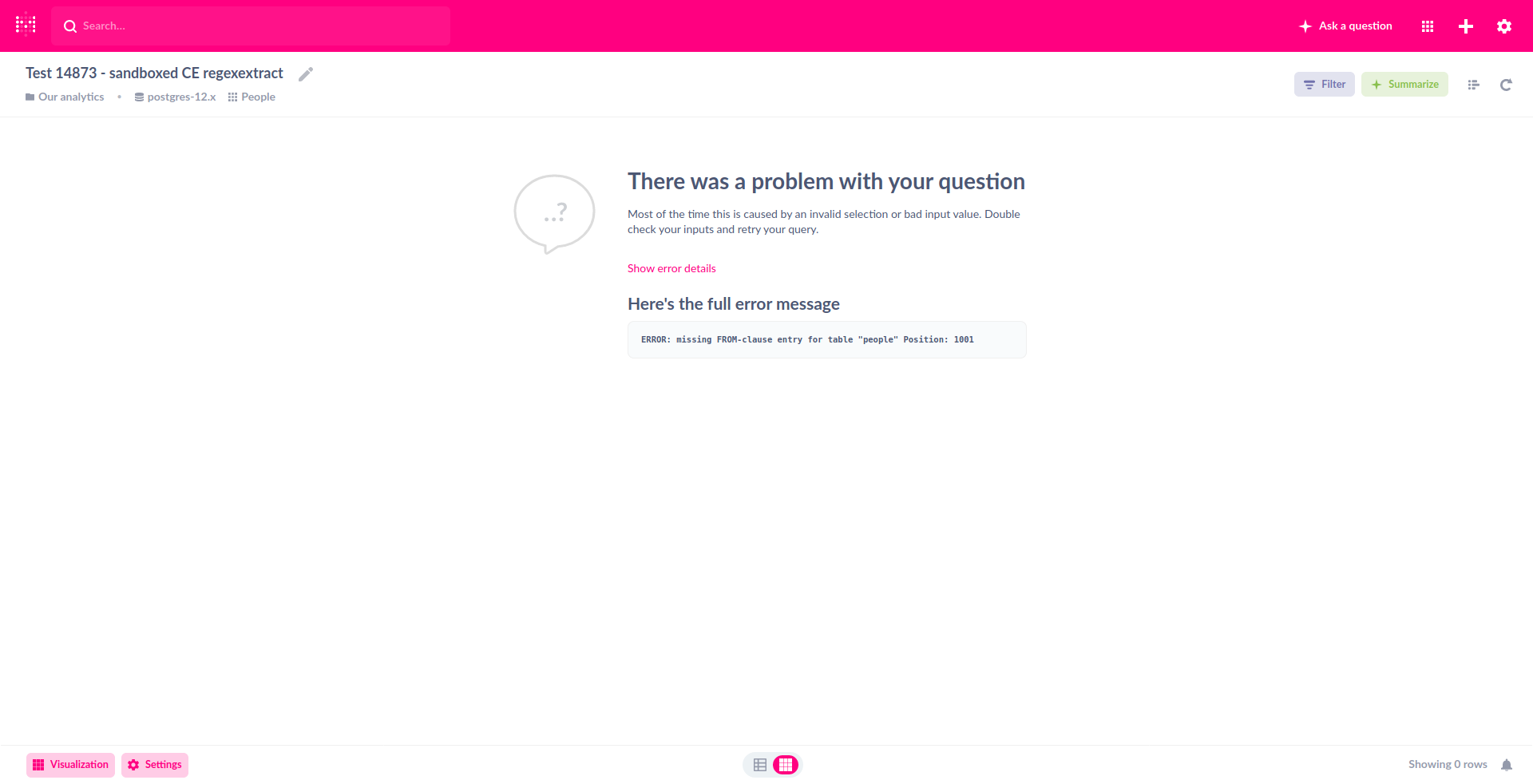 regexextract breaks query on sandboxed table · Issue #14873 · metabase/metabase · GitHub