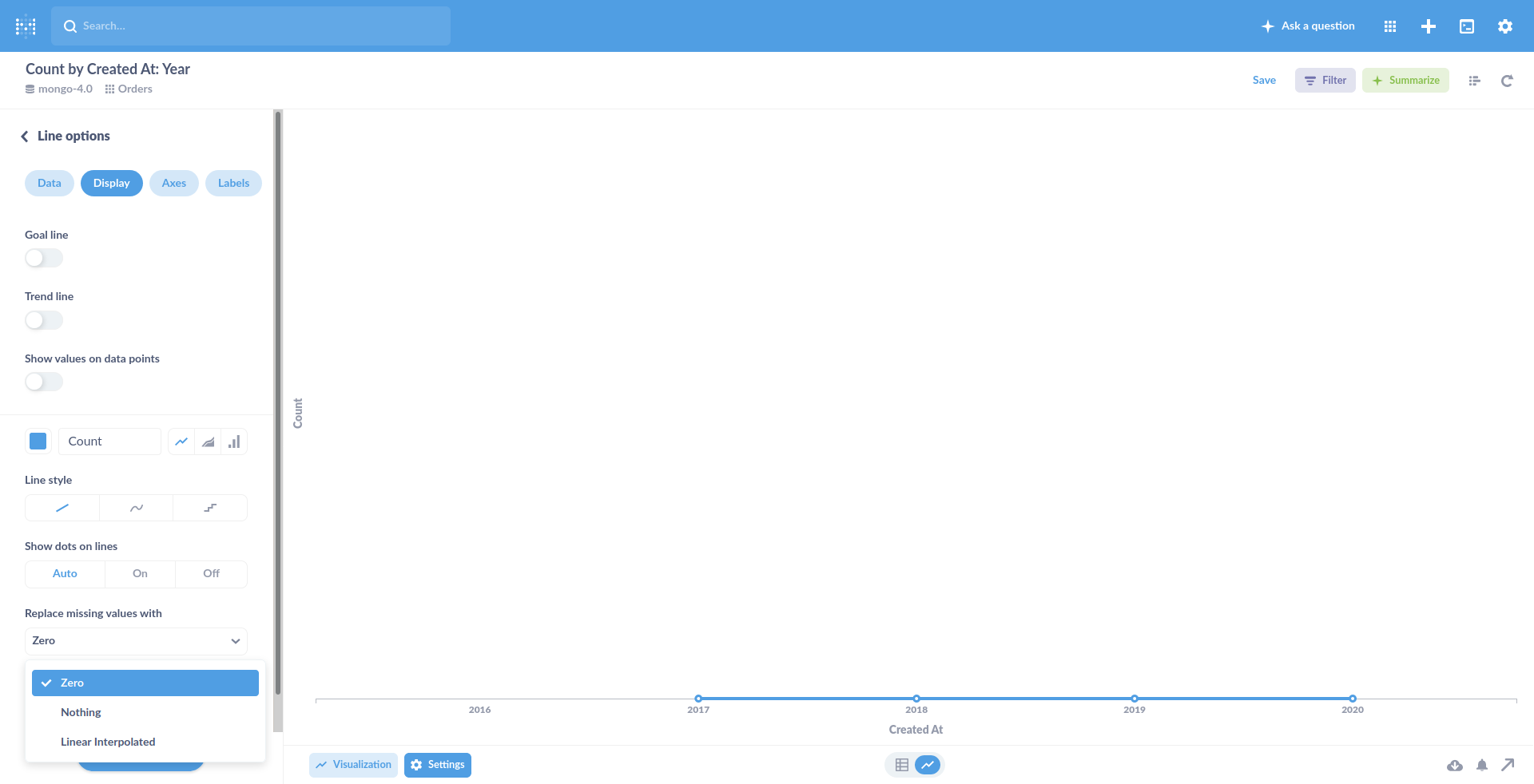 Line Chart not working for mongodb when using Replace Missing Values with nothing or zero ...