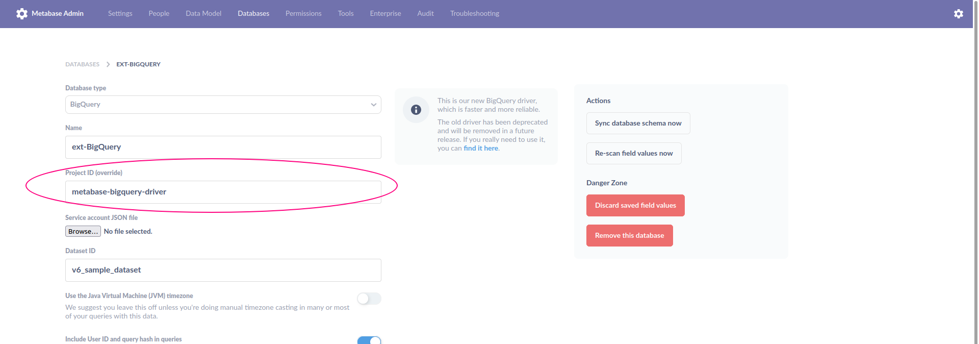 New BigQuery driver with "Project ID (override)" defined causes ...