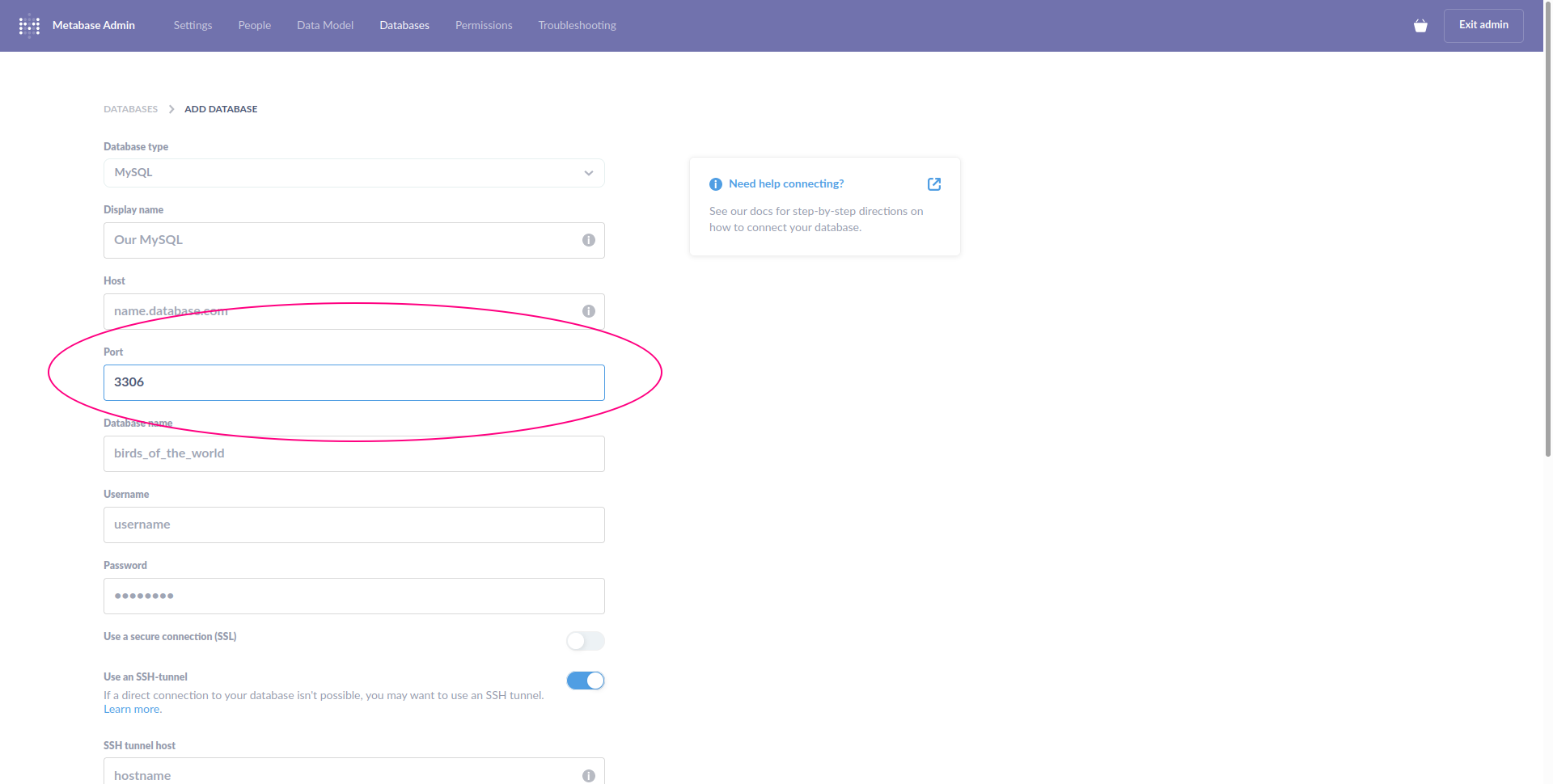 Creating/editing database connection with SSH tunnel fails silently, when database port is not ...