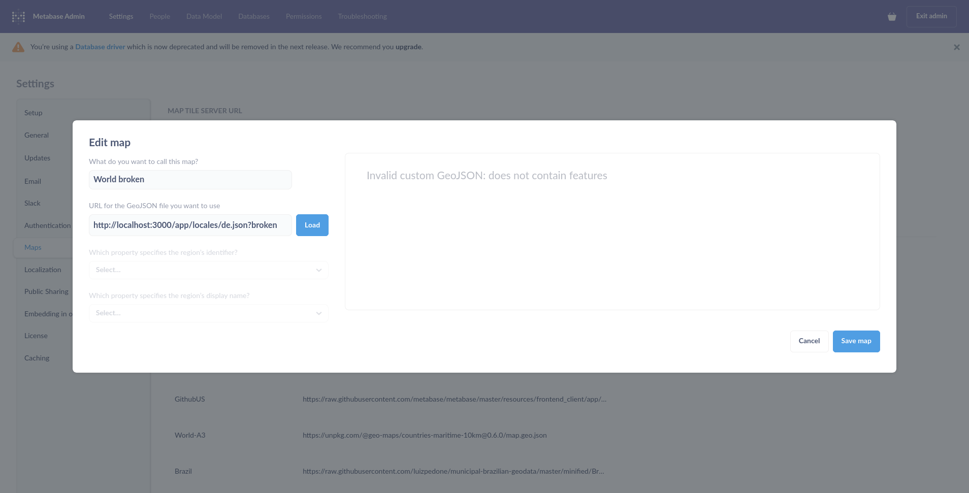 Cannot update Custom Map URL · Issue #22534 · metabase/metabase · GitHub
