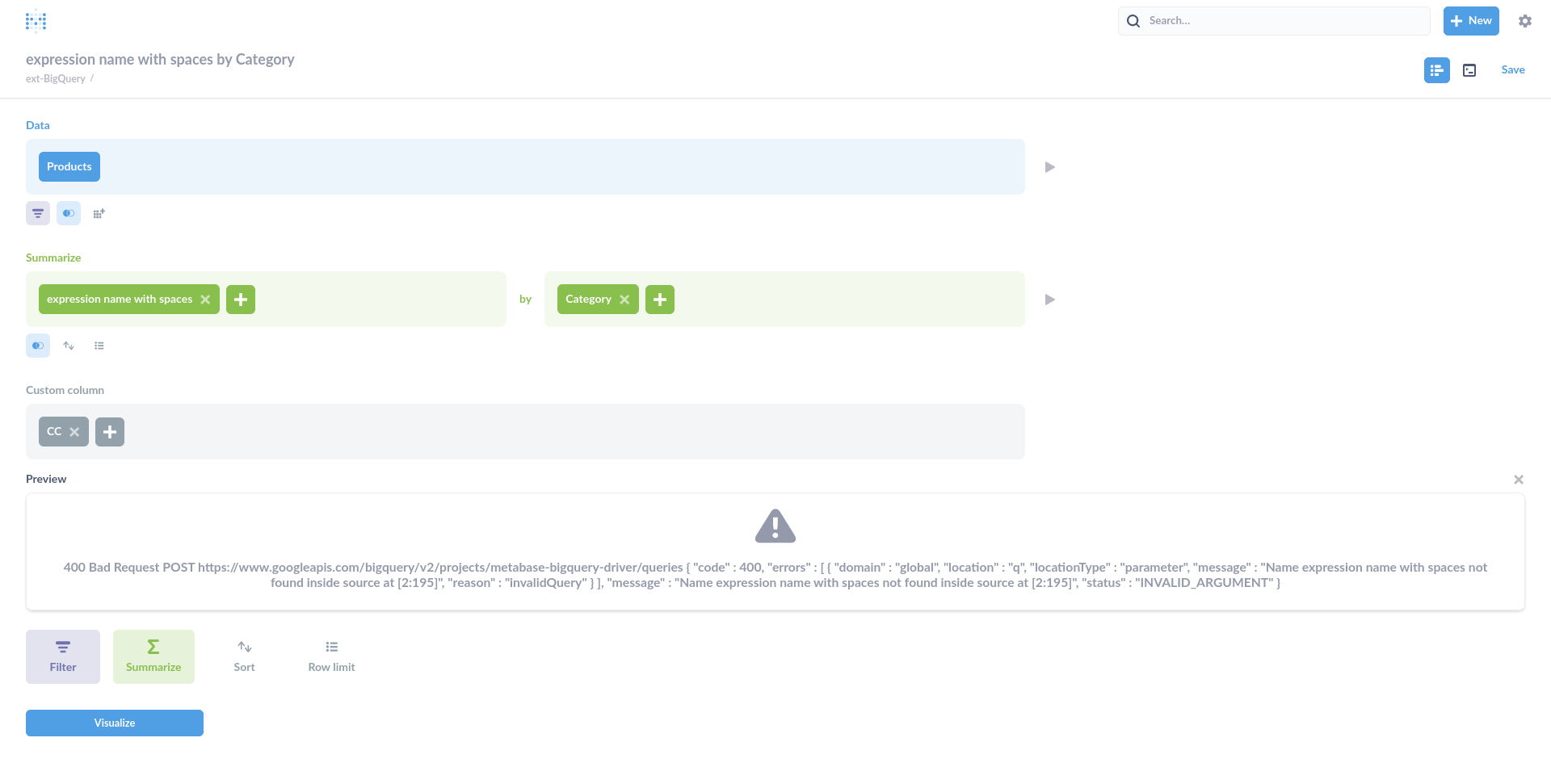 Expression name with spaces causes incorrect aliasing when used together with Custom Column on ...
