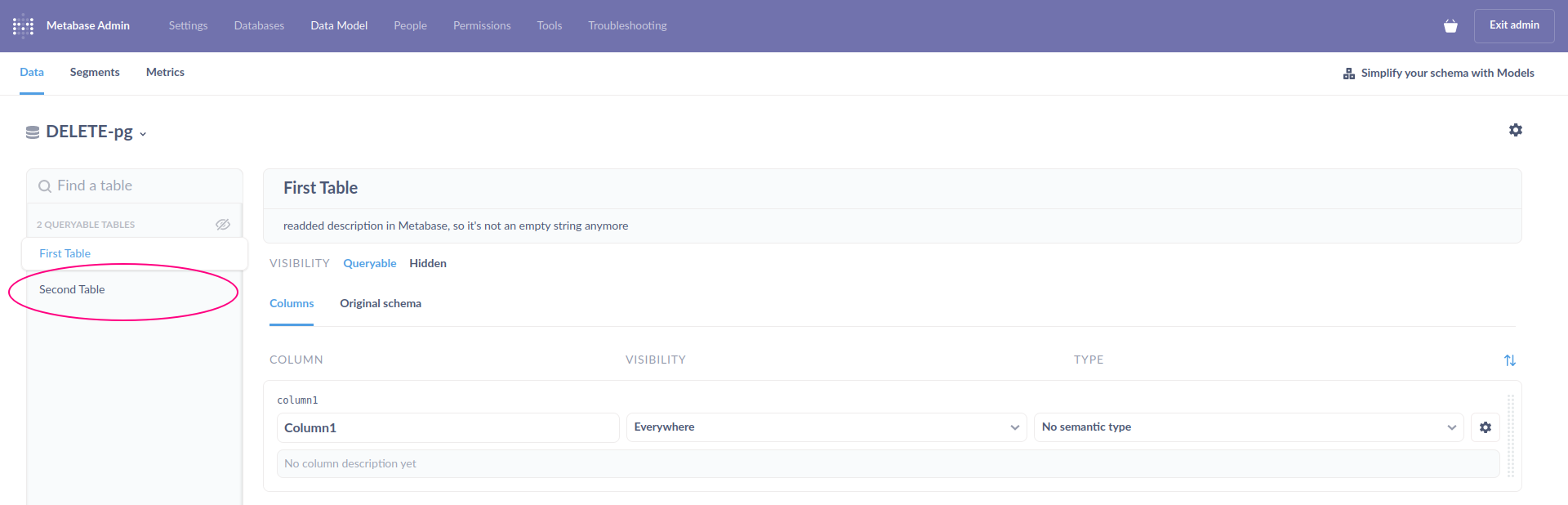 Sync of new tables stops working if an existing table has a description set to empty (not null ...
