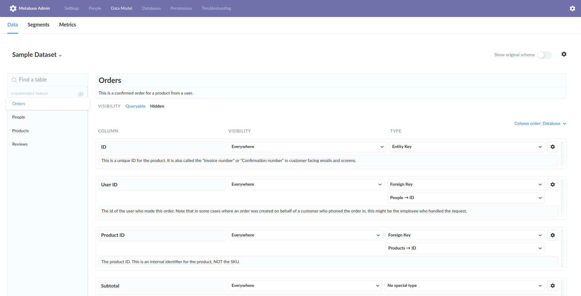 Data Model "Column order" incorrect initially · Issue #13024 · metabase/metabase · GitHub