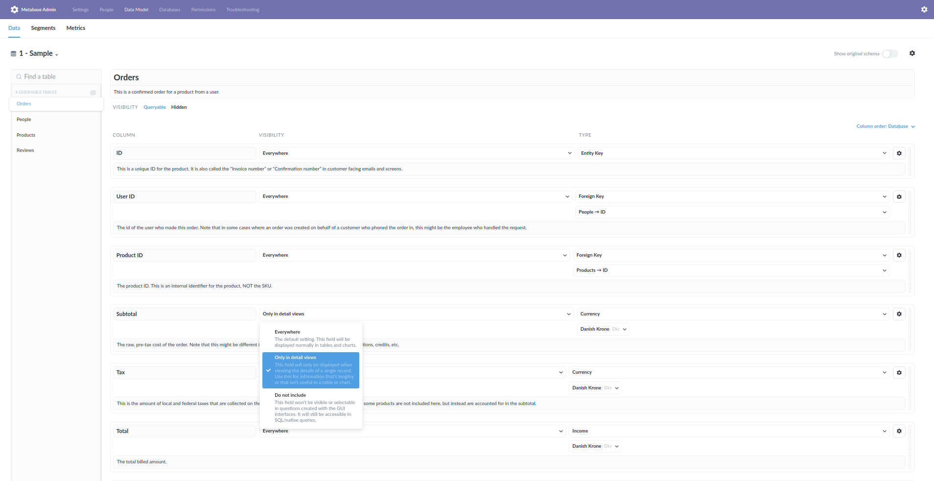 Setting column Visibility to "Only in detail views" stills shows the ...